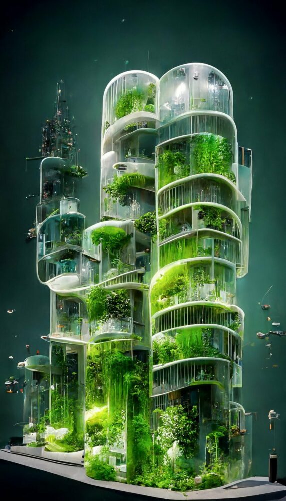 AI envisions futuristic sustainable city with biophilic skyscrapers