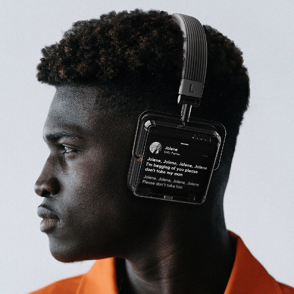 headsets with integrated digital screens display the playlist, lyrics ...