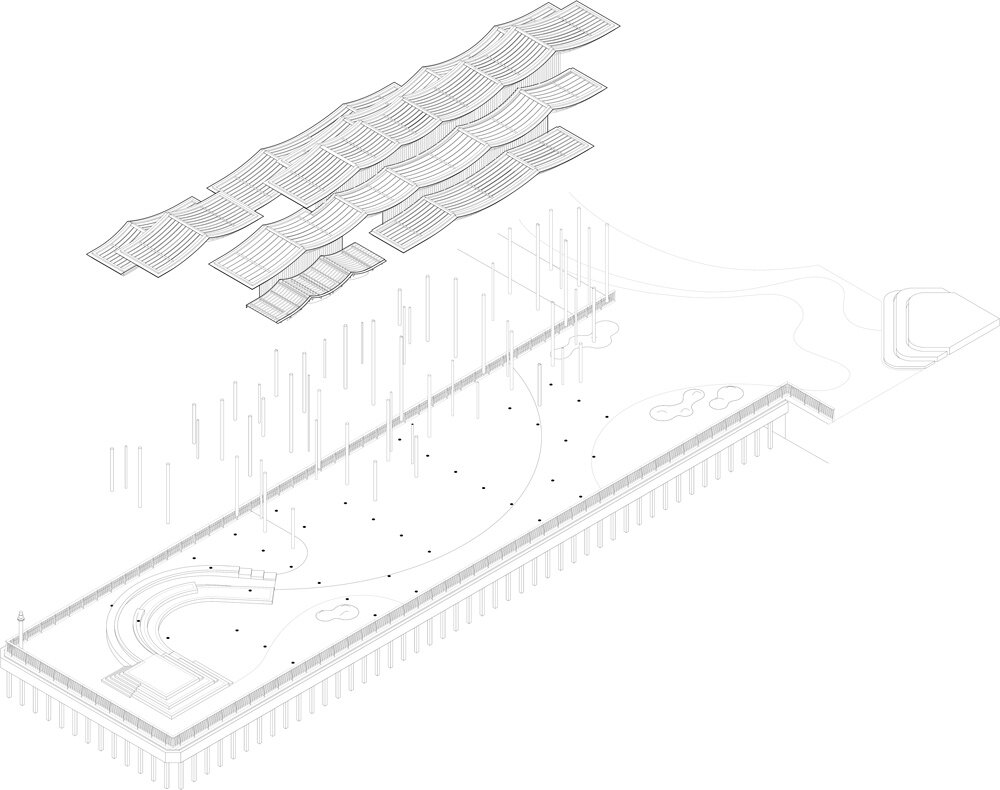 undulating canopy by new office works shelters waterfront promenade in hong kong