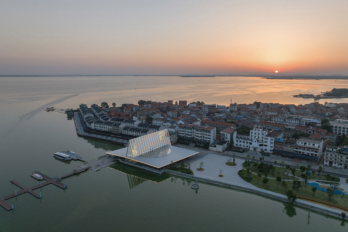 UAO design's liangzi island pier punctuated by A-frame 'lighthouse'