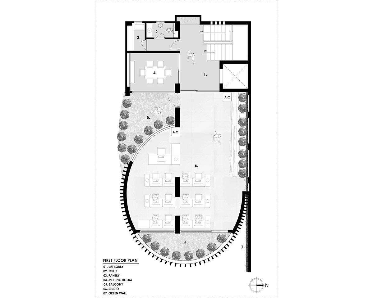 atrey design studio's tilted workspace resembles the swaying trees