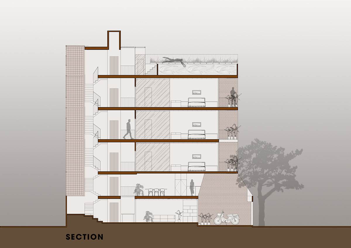 story architecture fronts narrow vietnam house with stacked terraces