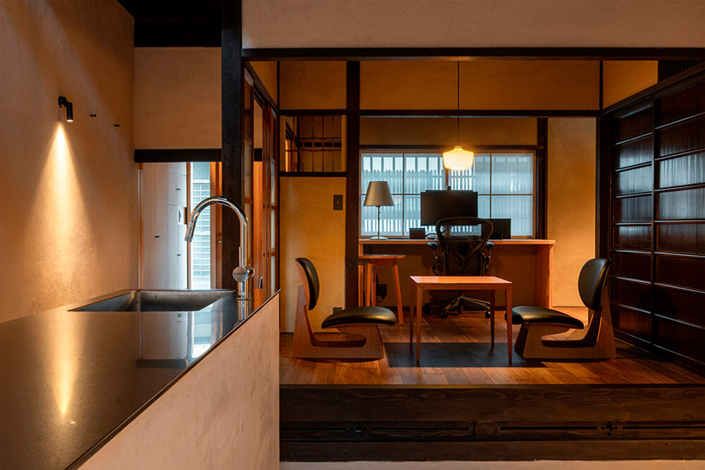 former textile workshop transforms into modern machiya residence in kyoto