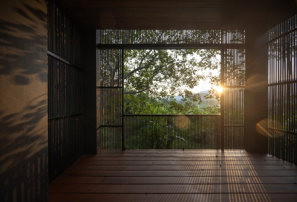 timber-clad residence settles on stilts within raintree forest in thailand