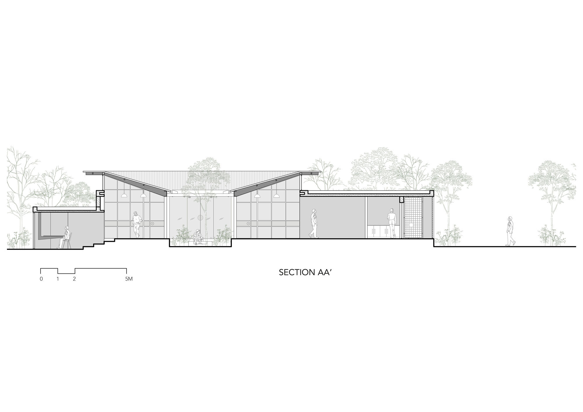 inverted winged hip roof cantilevers over office space by compartment S4