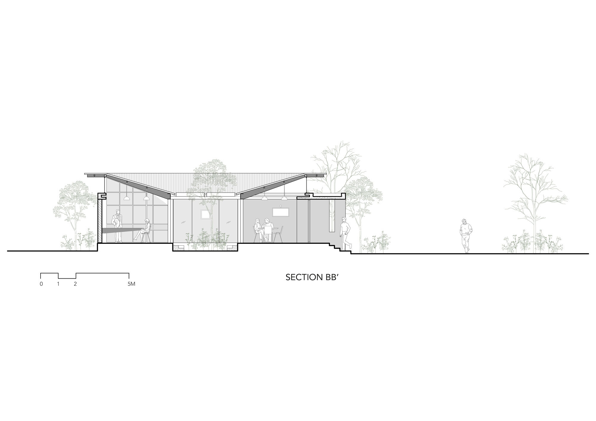 inverted winged hip roof cantilevers over office space by compartment S4